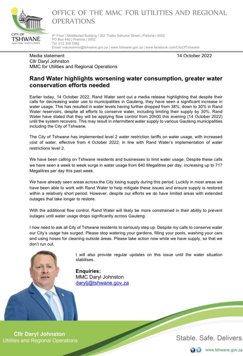 Mayor Randall Williams on Twitter: "#Update Rand Water highlights worsening water consumption ...