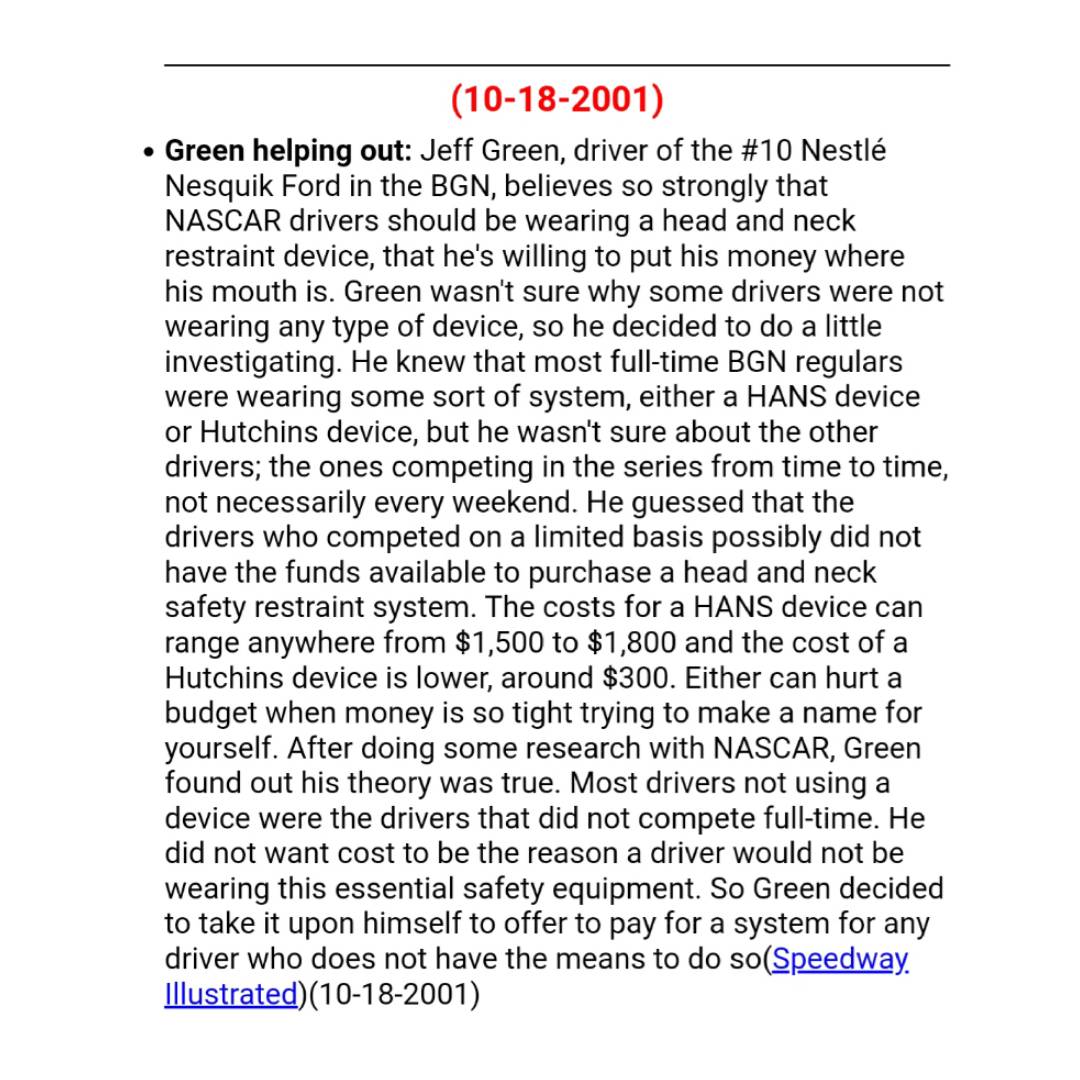 OTD 11 years ago, NASCAR mandated that all drivers must wear a head ...