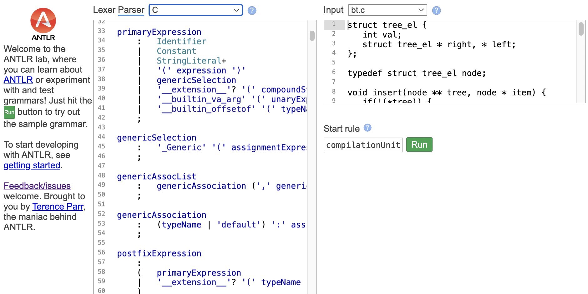 Terence Parr on Twitter: "New ANTLR lab https://t.co/Wra9i8qDZt feature: select from sample ...