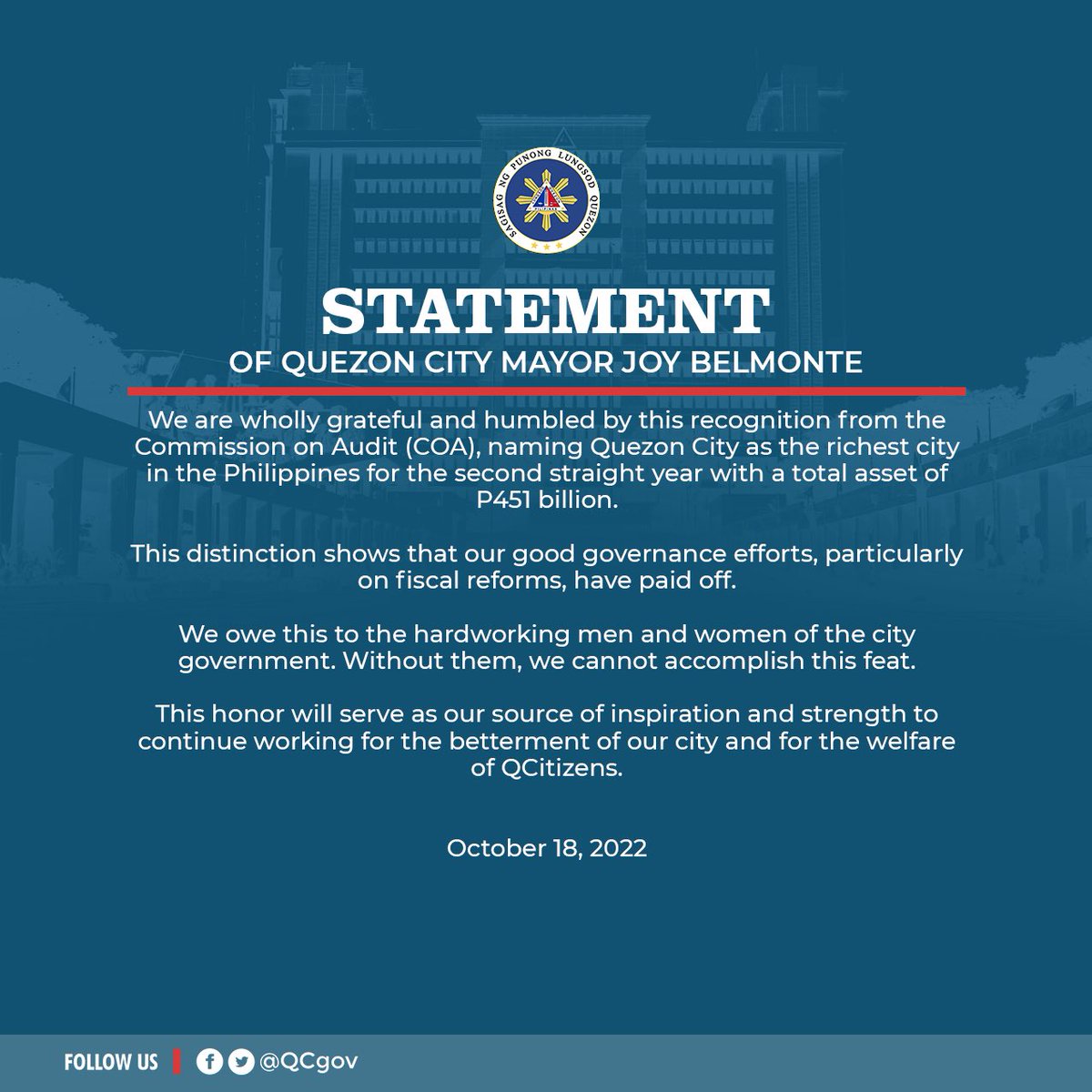 Quezon City Government on Twitter: "STATEMENT OF QUEZON CITY MAYOR JOY BELMONTE"