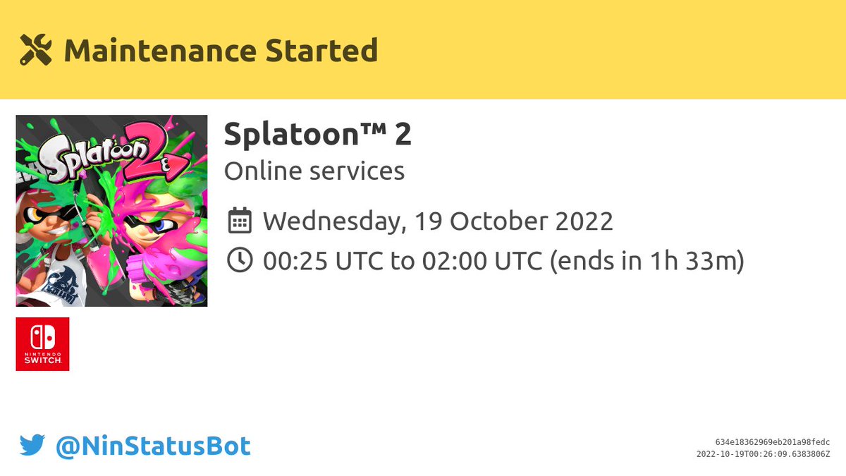Splatoon News on Twitter: "RT @NinStatusBot: [Maintenance Started] Maintenance for "Splatoon™ 2 ...