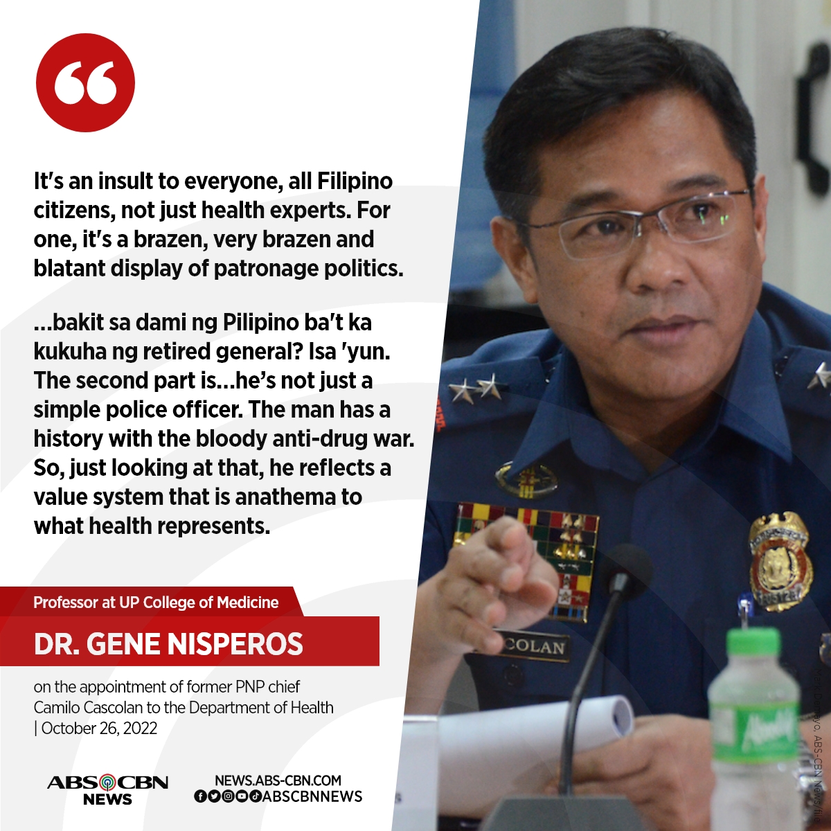 A health expert slammed the appointment of former police chief Camilo ...