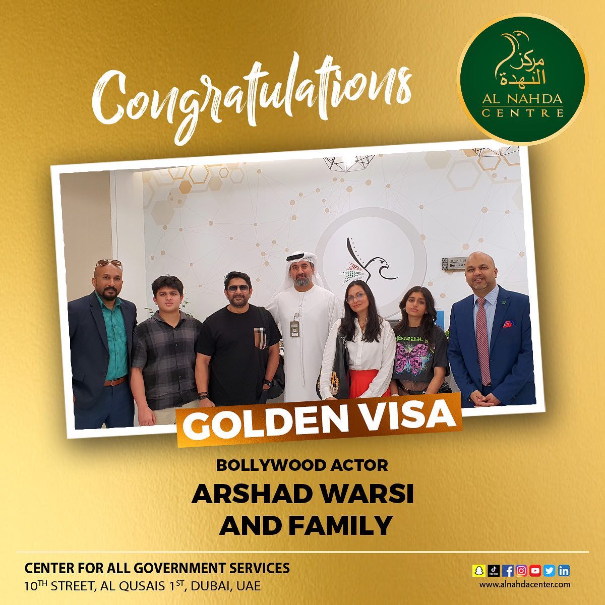 AL NAHDA CENTRE on Twitter: "Congratulations Mr. Arshad Warsi for achieving the UAE golden visa ...