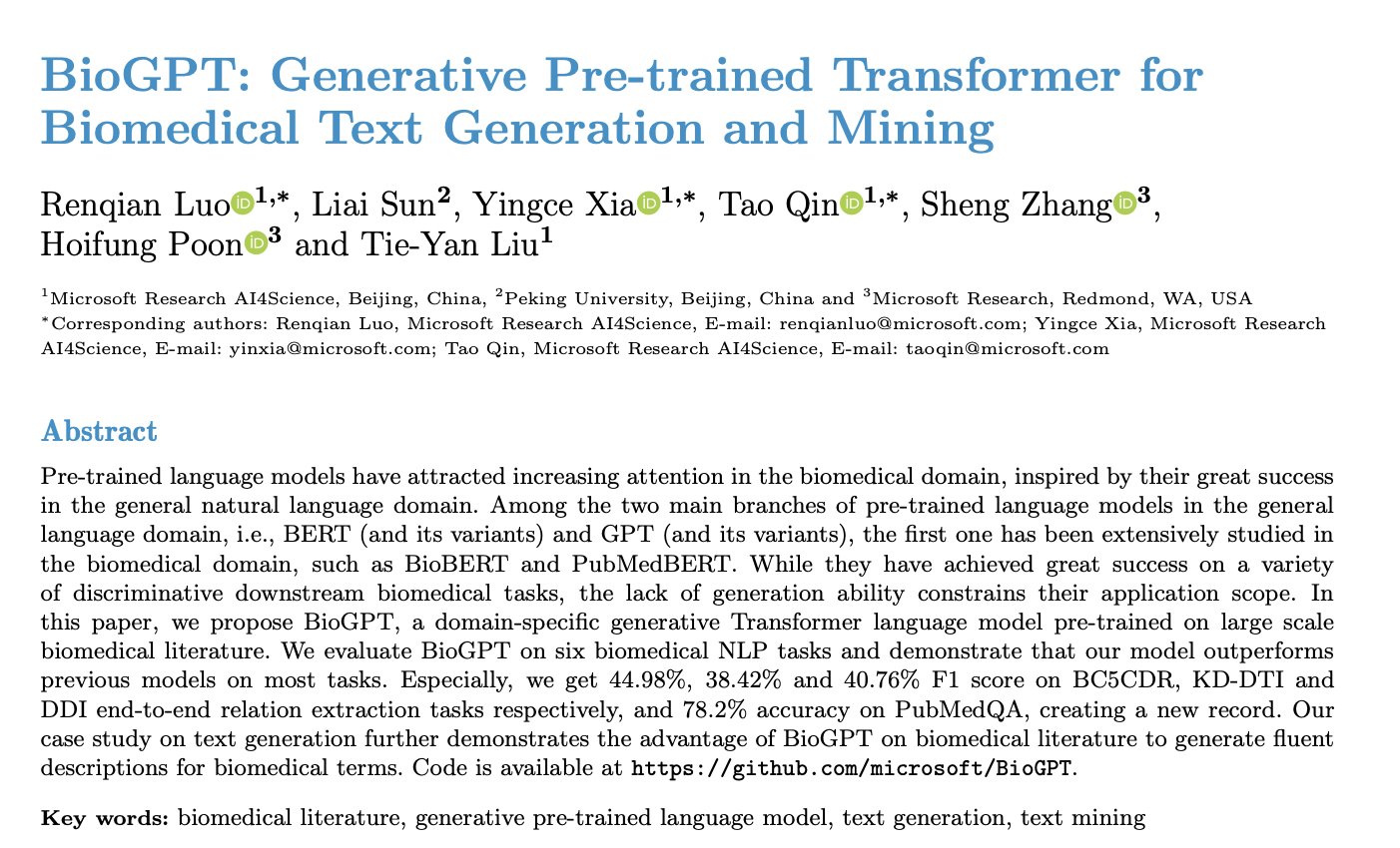 AK on Twitter: "BioGPT: Generative Pre-trained Transformer for Biomedical Text Generation and ...