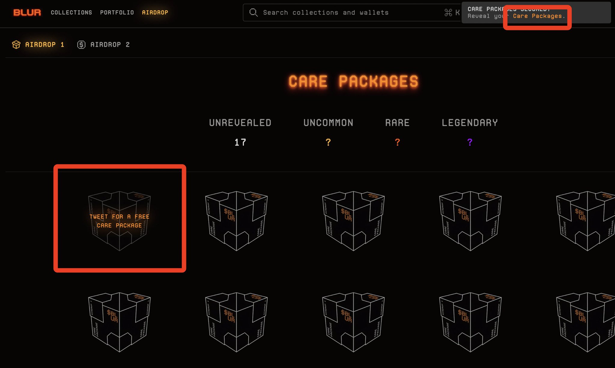 0xUnicorn🦄️ ₿uy & $ell on Twitter: "2/ e、选一个NFT挂单成功后，右上角弹出消息点 care package，出现新界面，点Tweet for a ...