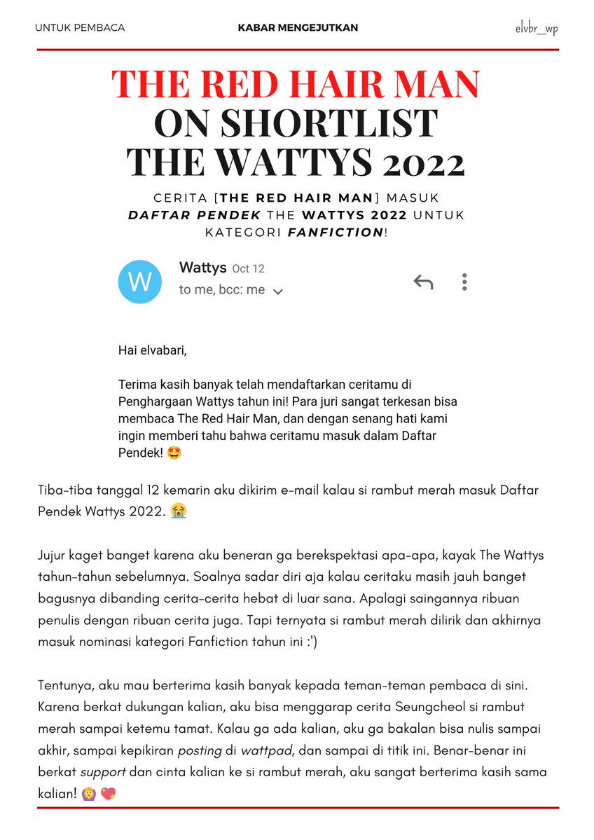 eL | Cheri on 📌 on Twitter: "NOTICE! [The Red Hair Man] masuk ke dalam Daftar Pendek The Wattys ...