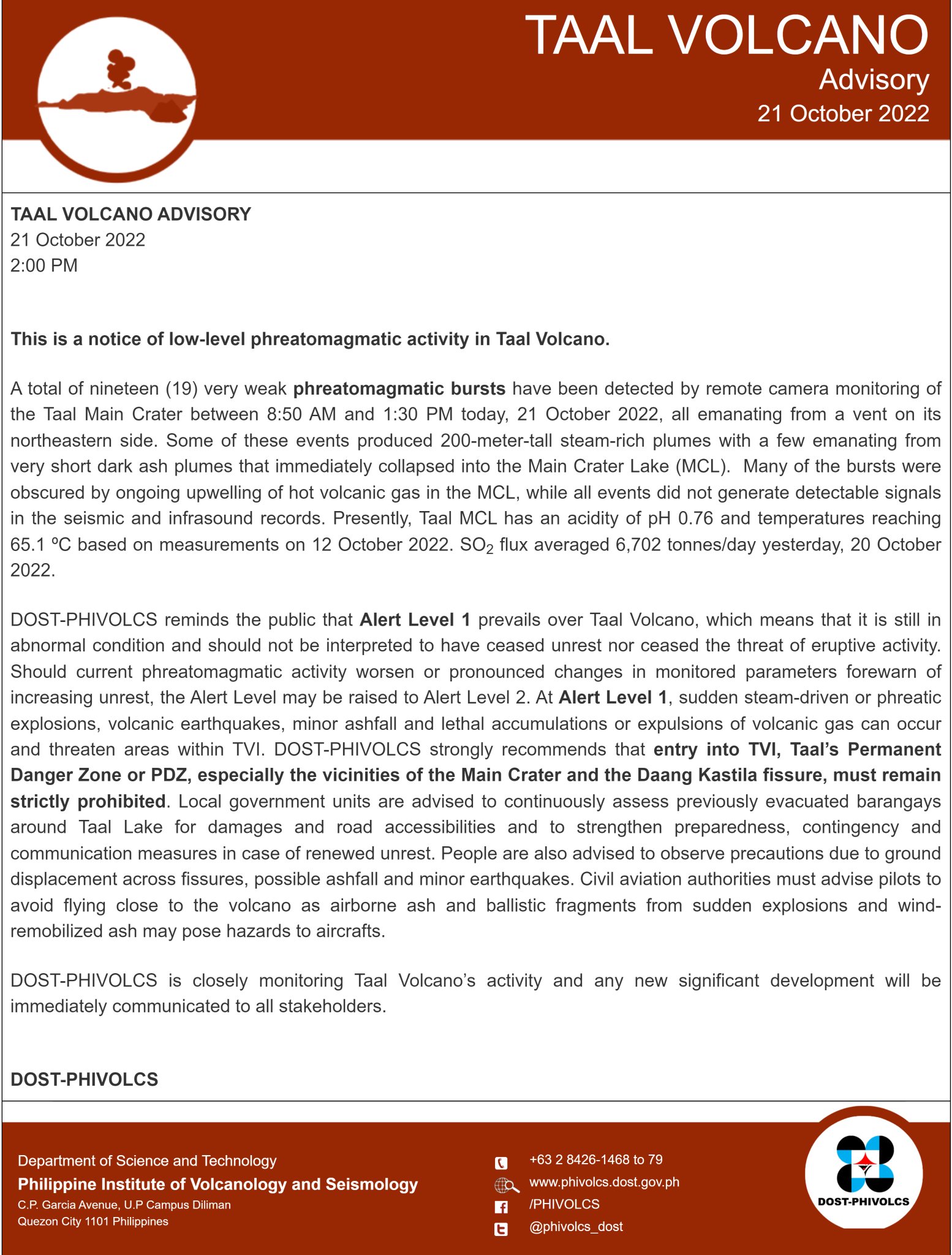 PHIVOLCS-DOST on Twitter: "TAAL VOLCANO ADVISORY 21 October 2022 2:00 PM #TaalVolcano https://t ...