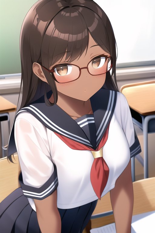 NovelAIおえかき on Twitter: "glasses, brown skin, small breasts, sailor collar, classroom https://t ...
