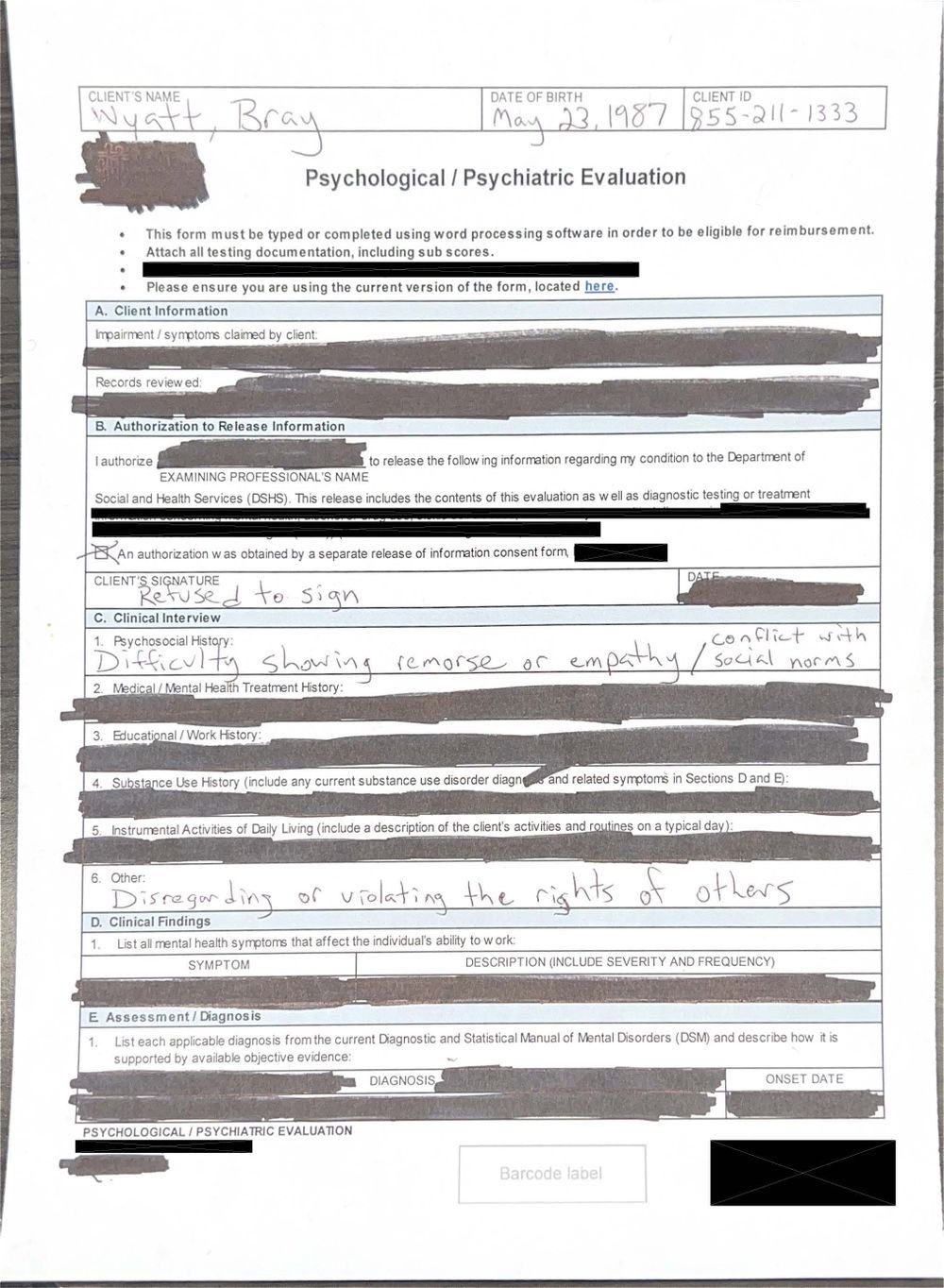 Psychological Evaluation Template