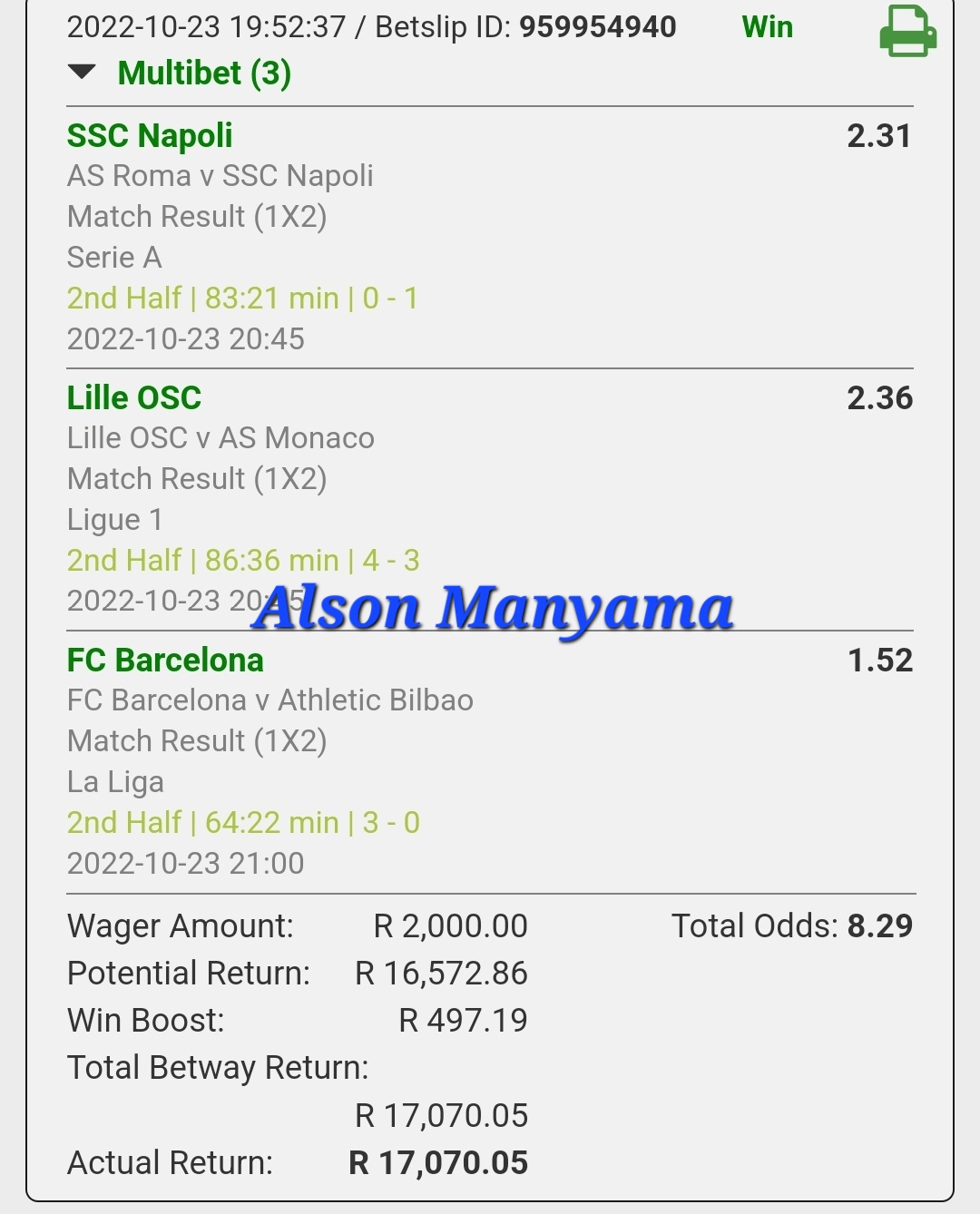 Alson Manyama on Twitter: "💥 💥 Boom Betway Win R 17 070.05 https://t.co/RKDOwP7VcJ" / Twitter