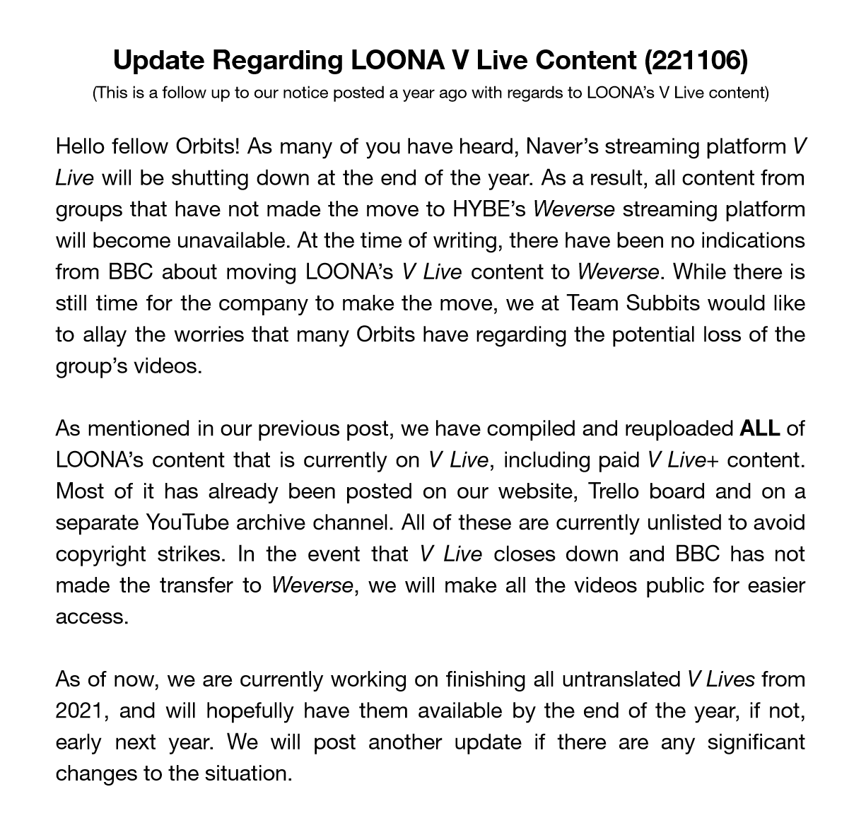 LOONA's Subbits on Twitter: "Update Regarding LOONA V Live Content (221106) https://t.co ...