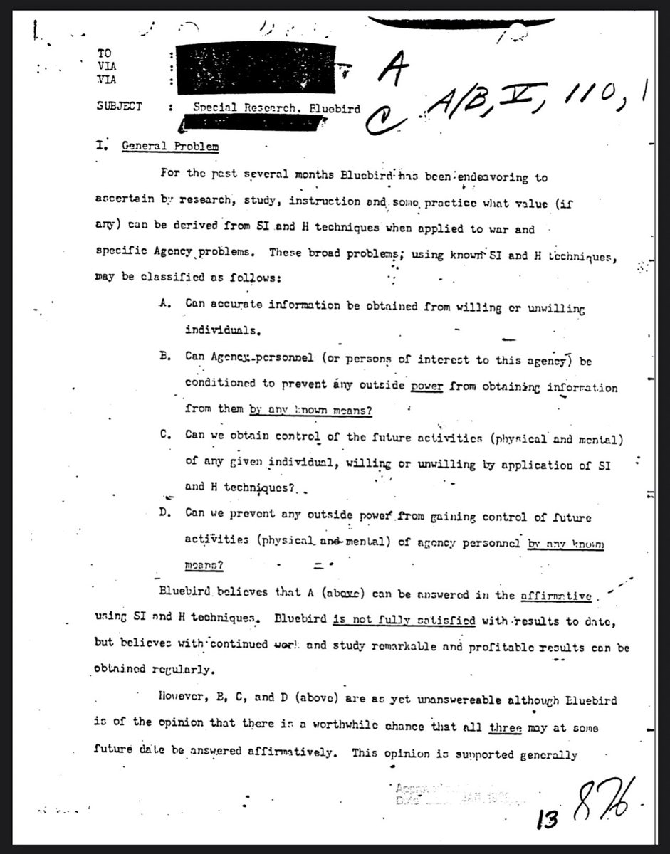 This formerly classified document from 1952 pertains to the CIA’s Project Bluebird, an offshoot ...