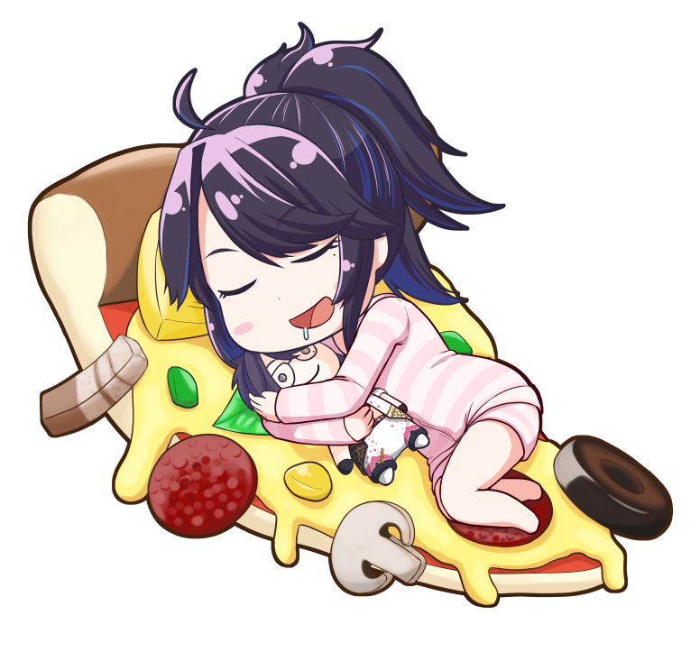 1girl pizza food drooling ponytail solo sleeping illustration images