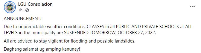 Walang Pasok! on Twitter: "CONSOLACION, CEBU suspends classes in all levels (private and public ...