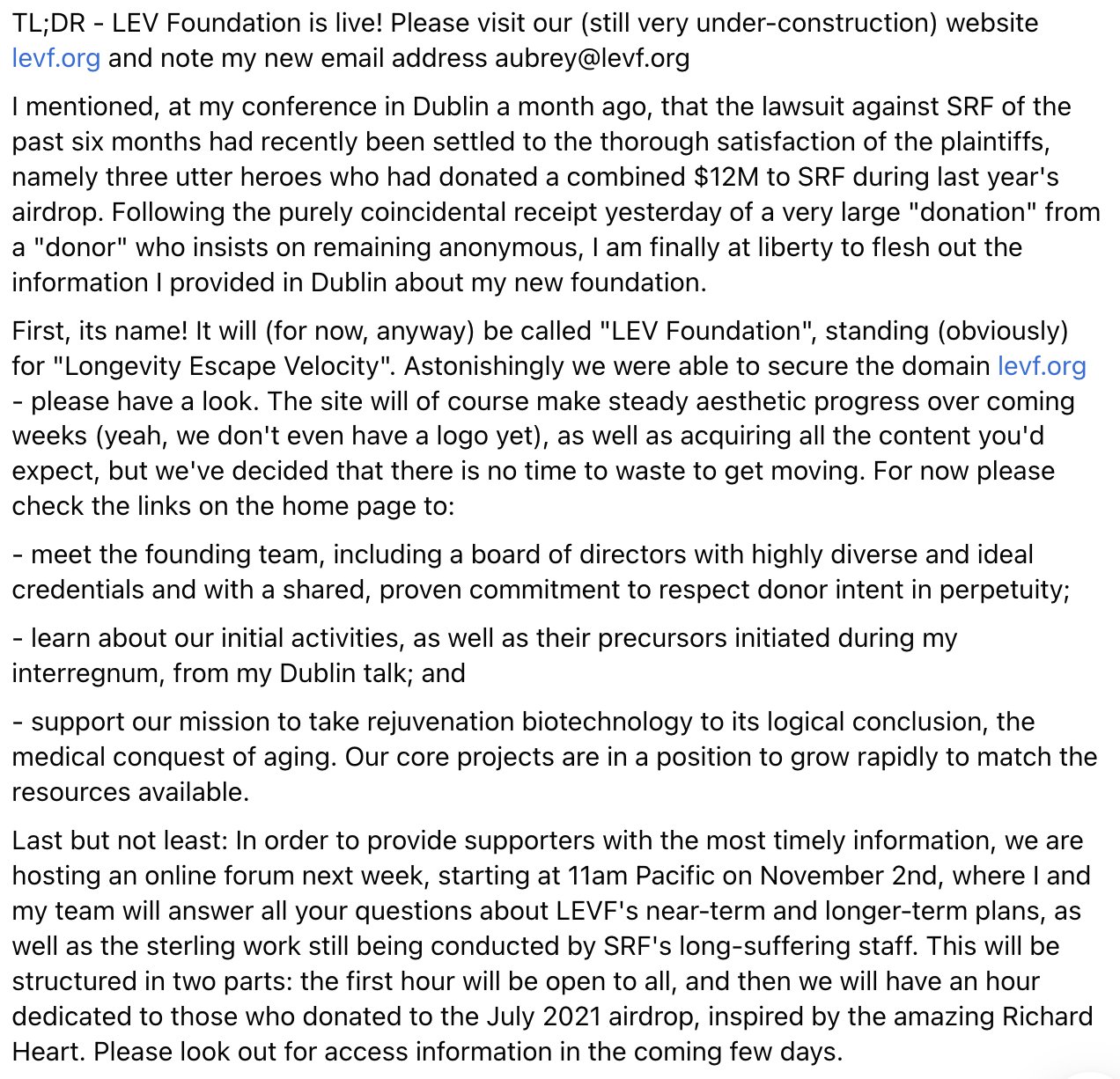 Aubrey de Grey on Twitter: "LEV Foundation is live! Here's a screenshot of my Facebook post from ...
