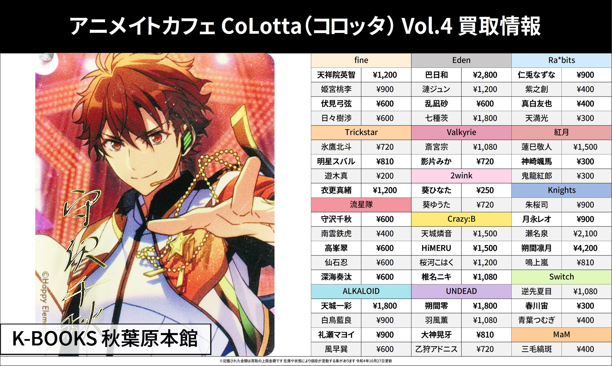 K-BOOKS 秋葉原ライブ部門（女性向け） on Twitter: "【買取情報】 あんさんぶるスターズ！ アニメイトカフェ CoLotta（コロッタ） Vol.4 #kbooks 天祥院 ...