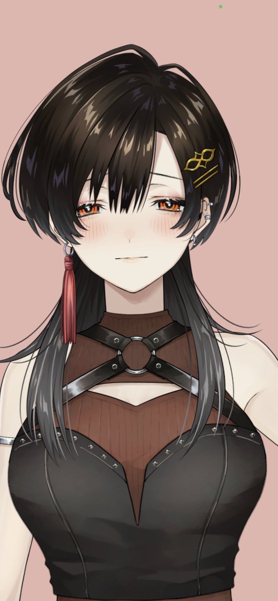 1girl Solo Breasts Black Hair Braid Orange Eyes Hair Behind Ear