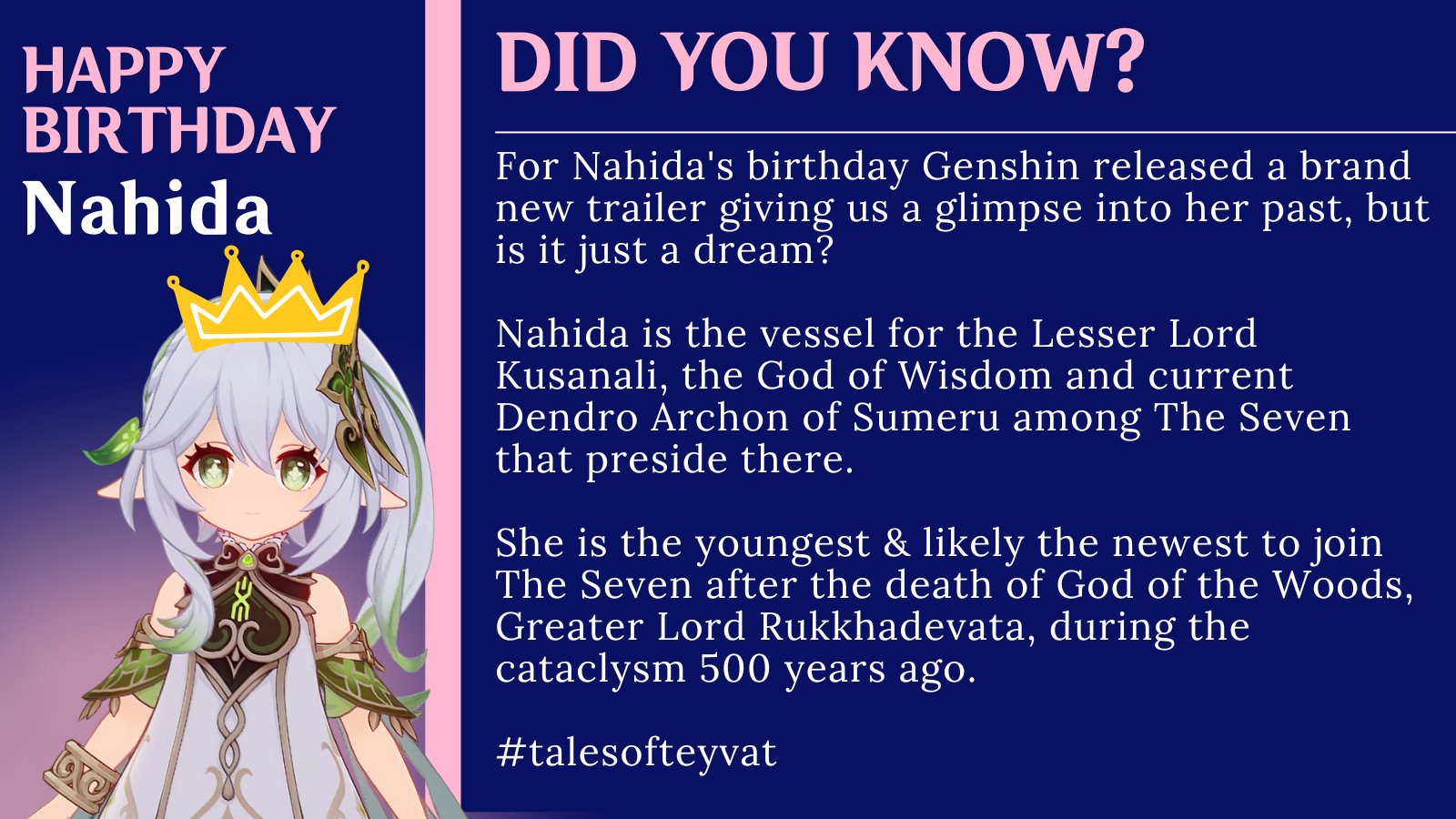Tales of Teyvat on Twitter: "Happy birthday to Nahida, we can't wait to meet you! 🥳 💕 A special ...