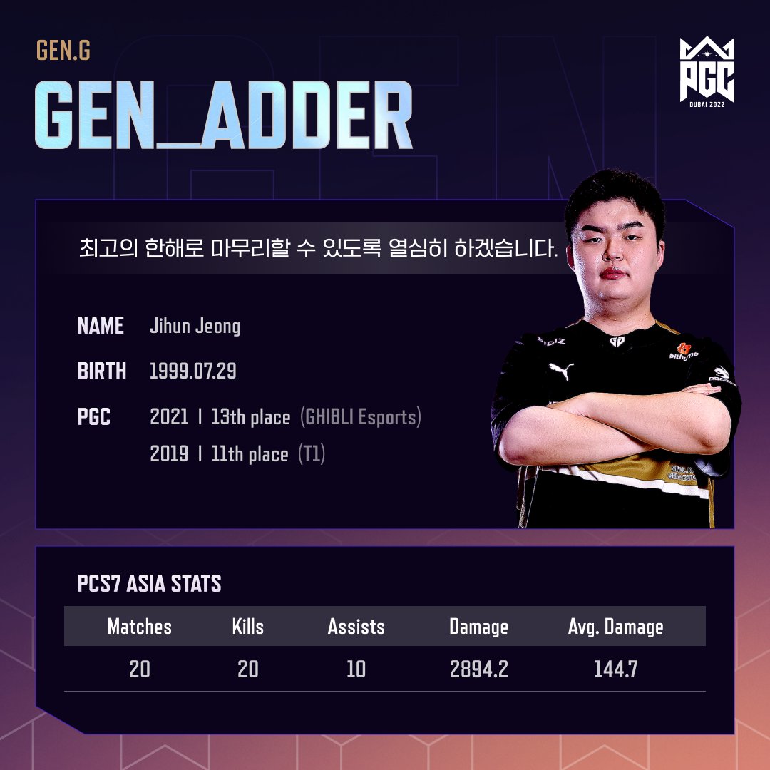 PUBG Esports KR on Twitter: "👑 PGC 2022 l Gen.G 👑 PGC 2022에 도전하는 한국팀, Gen.G를 소개합니다 !! Be the Ace ...