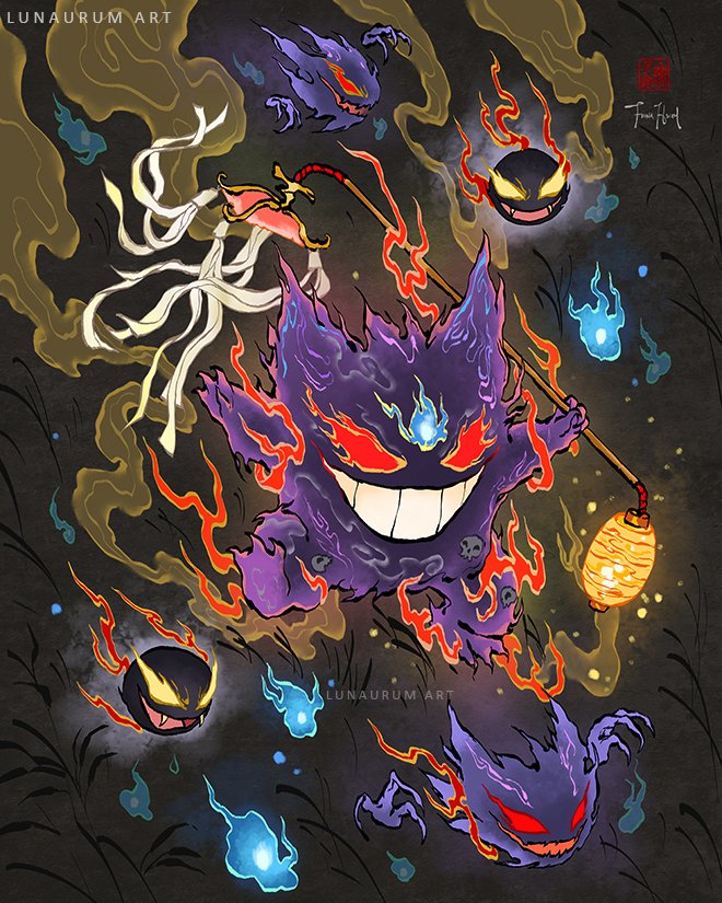 gengar pokemon (creature) no humans lantern fire smile ghost holding ...