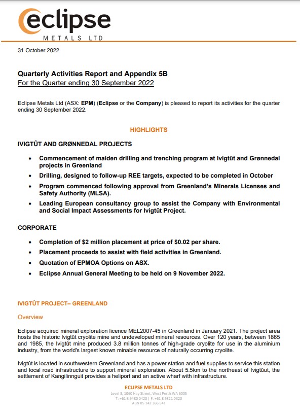 Eclipse Metals Ltd (ASX: EPM) on Twitter: "We're pleased to report on our activities for the ...