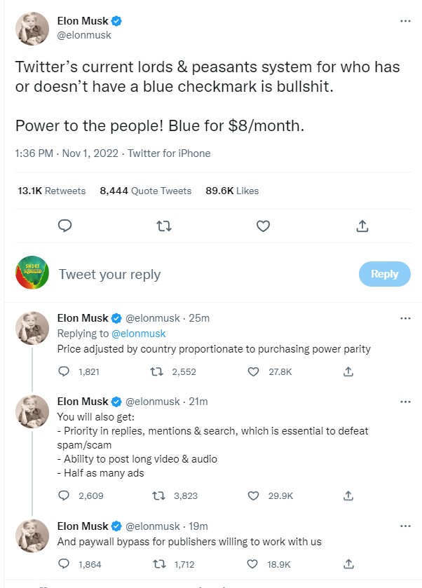 SHORT SQUEEZED on Twitter: "About that blue checkmark Elon tweets blue for $8 a month You will ...