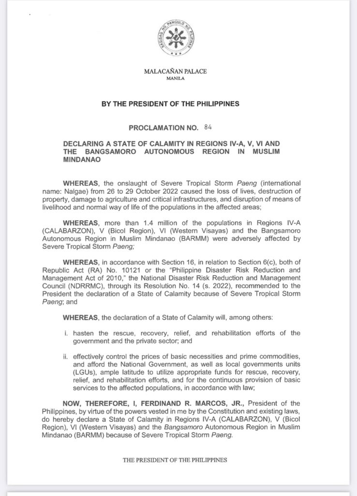 President Ferdinand Marcos Jr. issues proclamation 84, declaring a ...