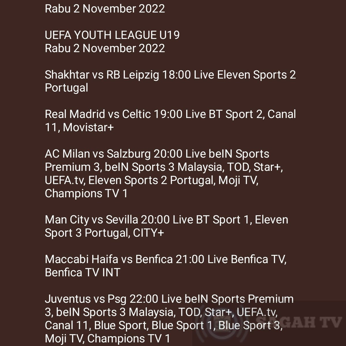 sagahtvlive on Twitter: "#Jadwal Siaran Langsung UEFA Europa Youth League U 19 Dan UEFA ...