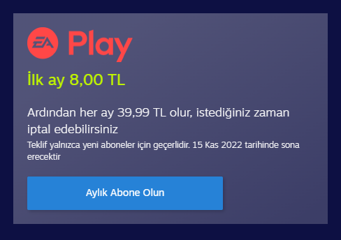 De Marke Gaming on Twitter: "EA Play, 15 Kasım tarihine kadar Steam’de ilk aya özel 8 TL’ye düştü."