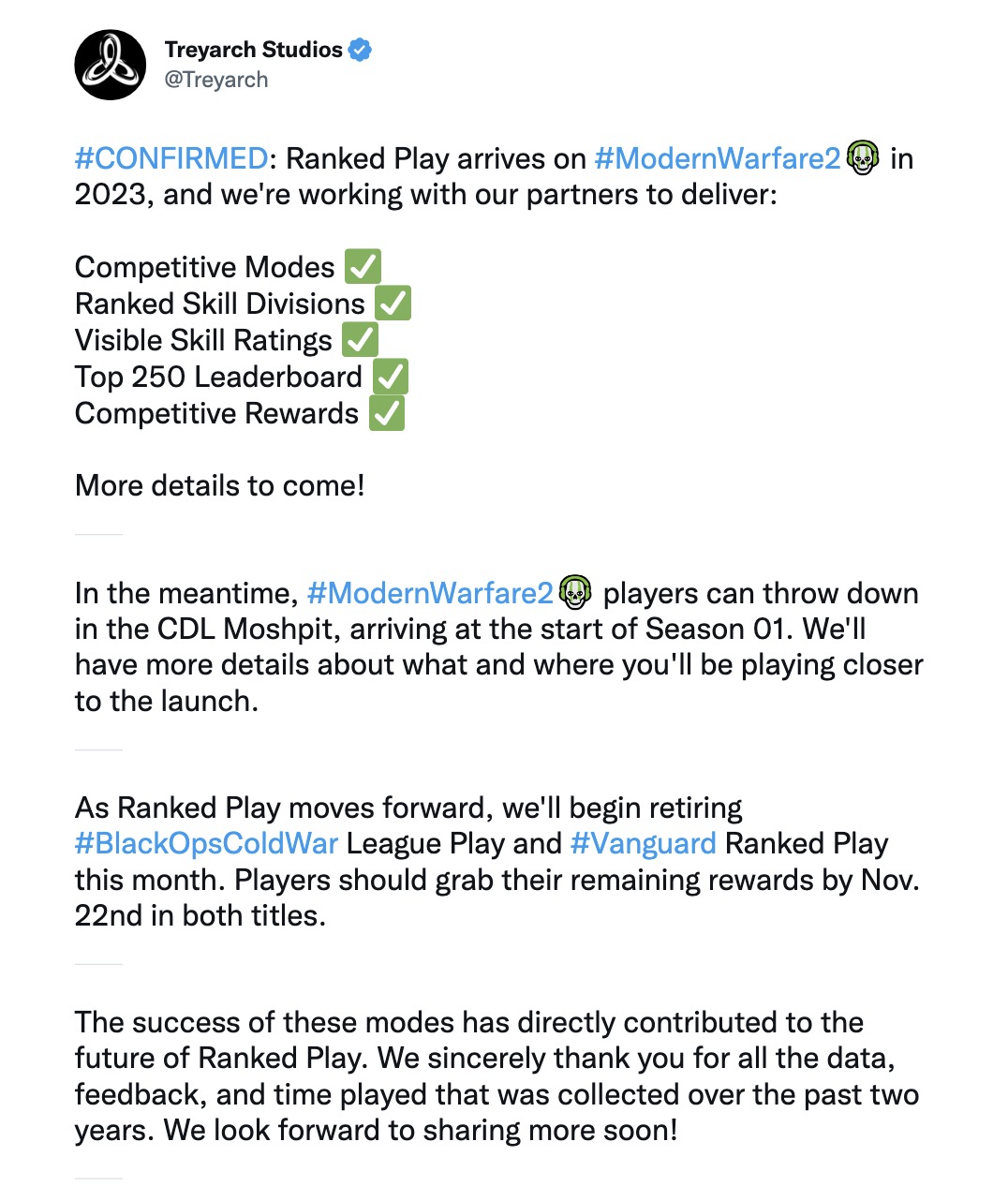 CharlieIntel on Twitter: "Treyarch announces Ranked Play is coming to #ModernWarfareII in 2023 ...