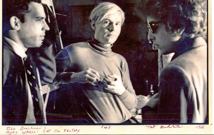 (L-R) John Brockman with Andy Warhol and Bob Dylan at The Factory, 1966 ...