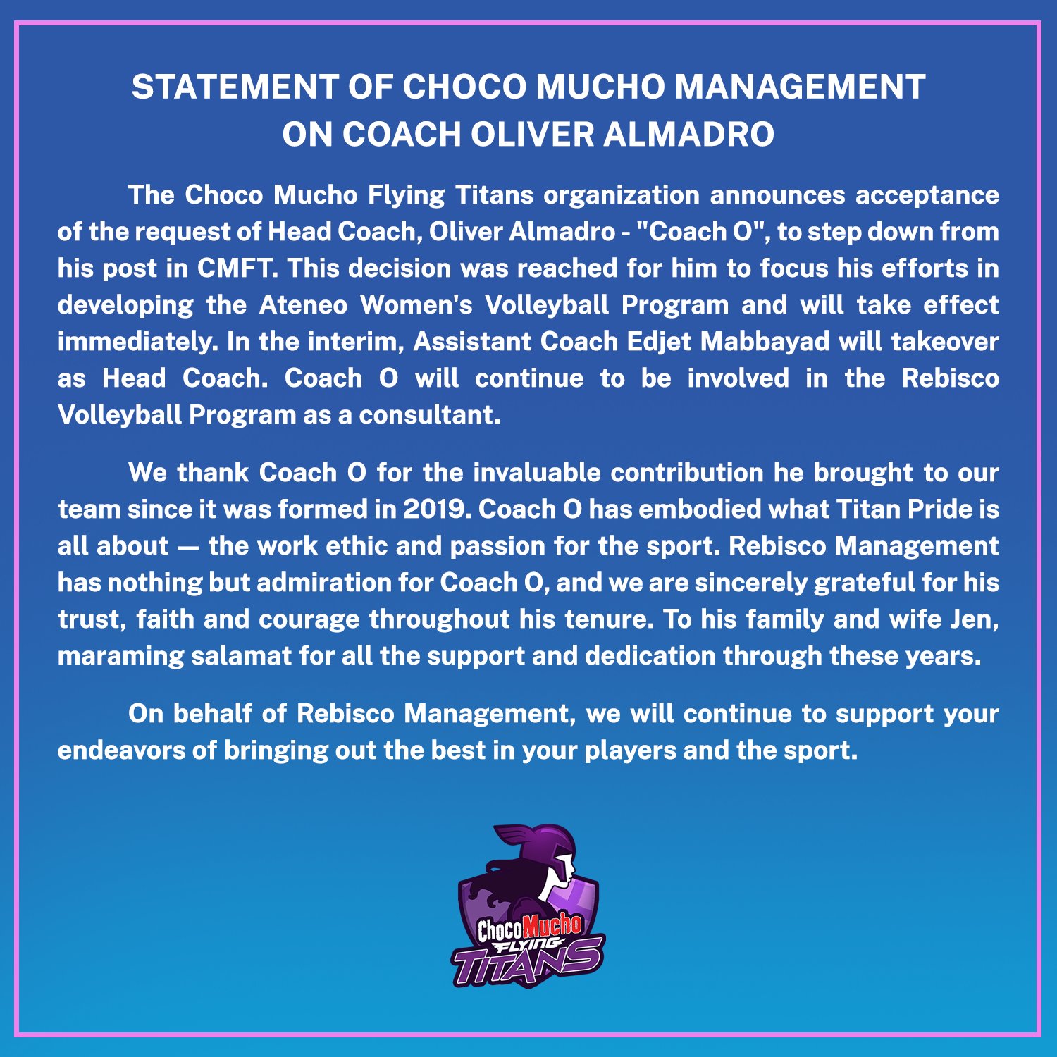 Camille B. Naredo on Twitter: ".@CMFlyingTitans announces that Oliver Almadro has stepped down ...