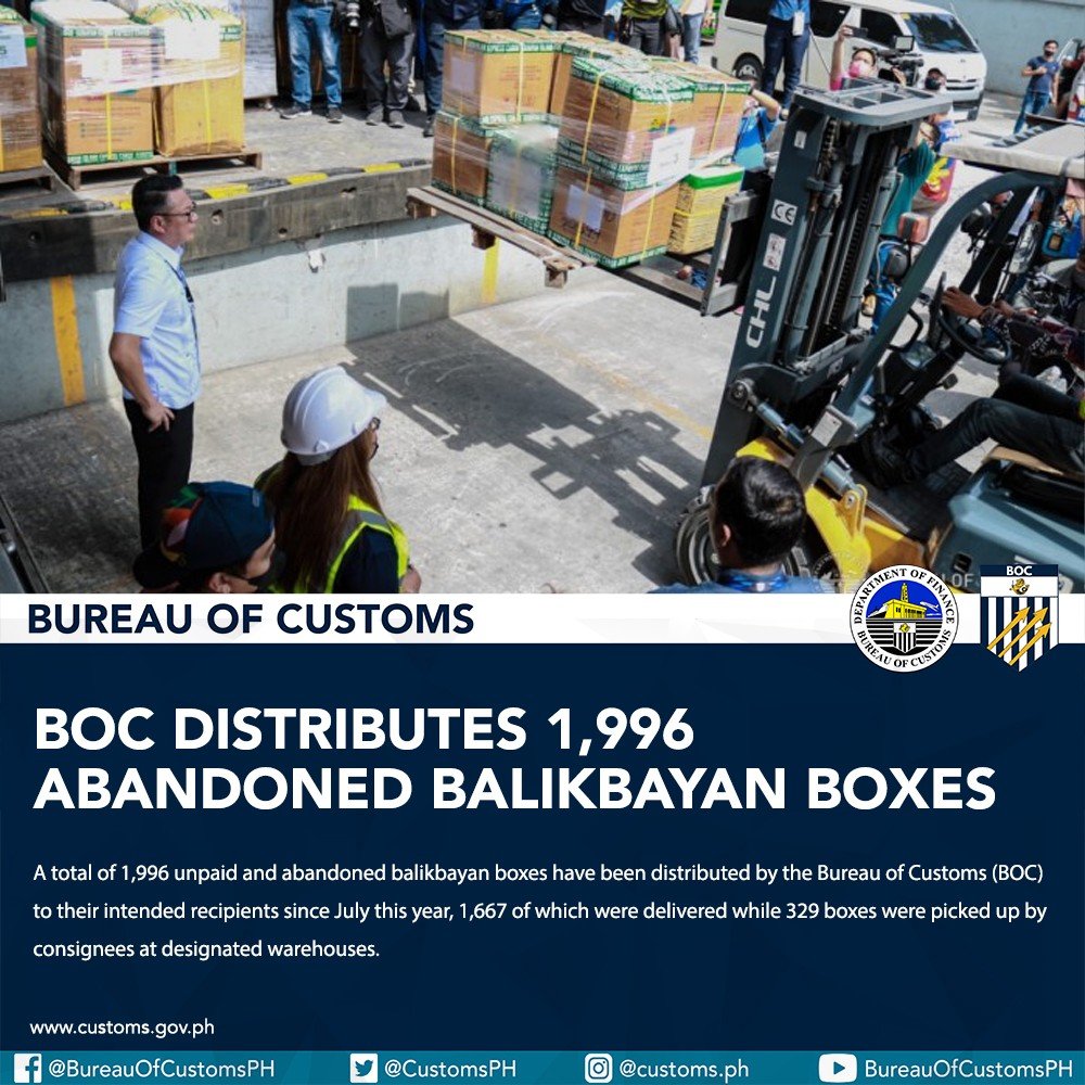 Bureau of Customs PH on Twitter: "𝗕𝗢𝗖 𝗗𝗶𝘀𝘁𝗿𝗶𝗯𝘂𝘁𝗲𝘀 𝟭,𝟵𝟵𝟲 𝗔𝗯𝗮𝗻𝗱𝗼𝗻𝗲𝗱 𝗕𝗮𝗹𝗶𝗸𝗯𝗮𝘆𝗮𝗻 𝗕𝗼𝘅𝗲𝘀 𝘁𝗼 𝗥𝗲𝗰𝗶𝗽𝗶𝗲𝗻𝘁𝘀 ...