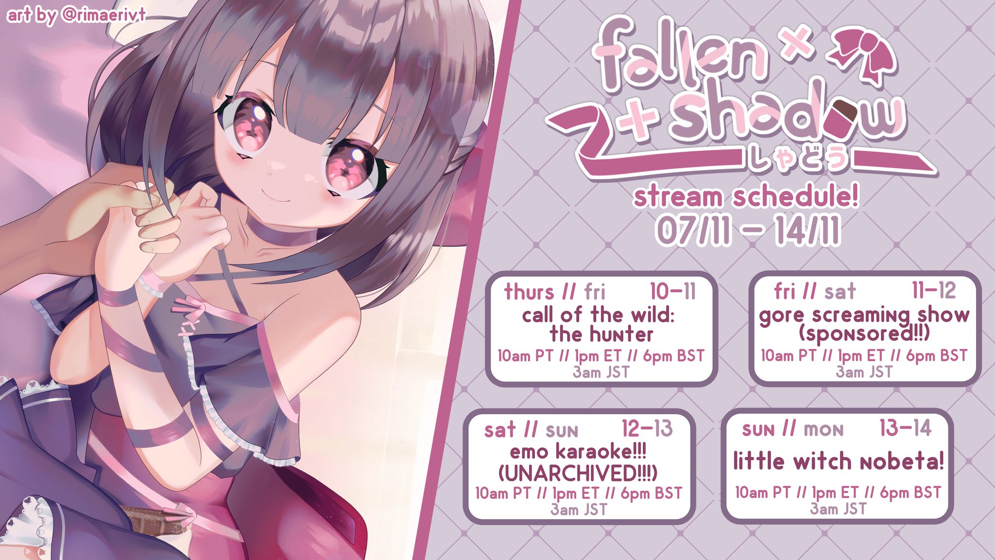 🎀 🍫 🔪 shadow || しゃどう || VTUBER on Twitter: "THIS WEEK'S SCHEDULE!! fishing was really fun, so ...