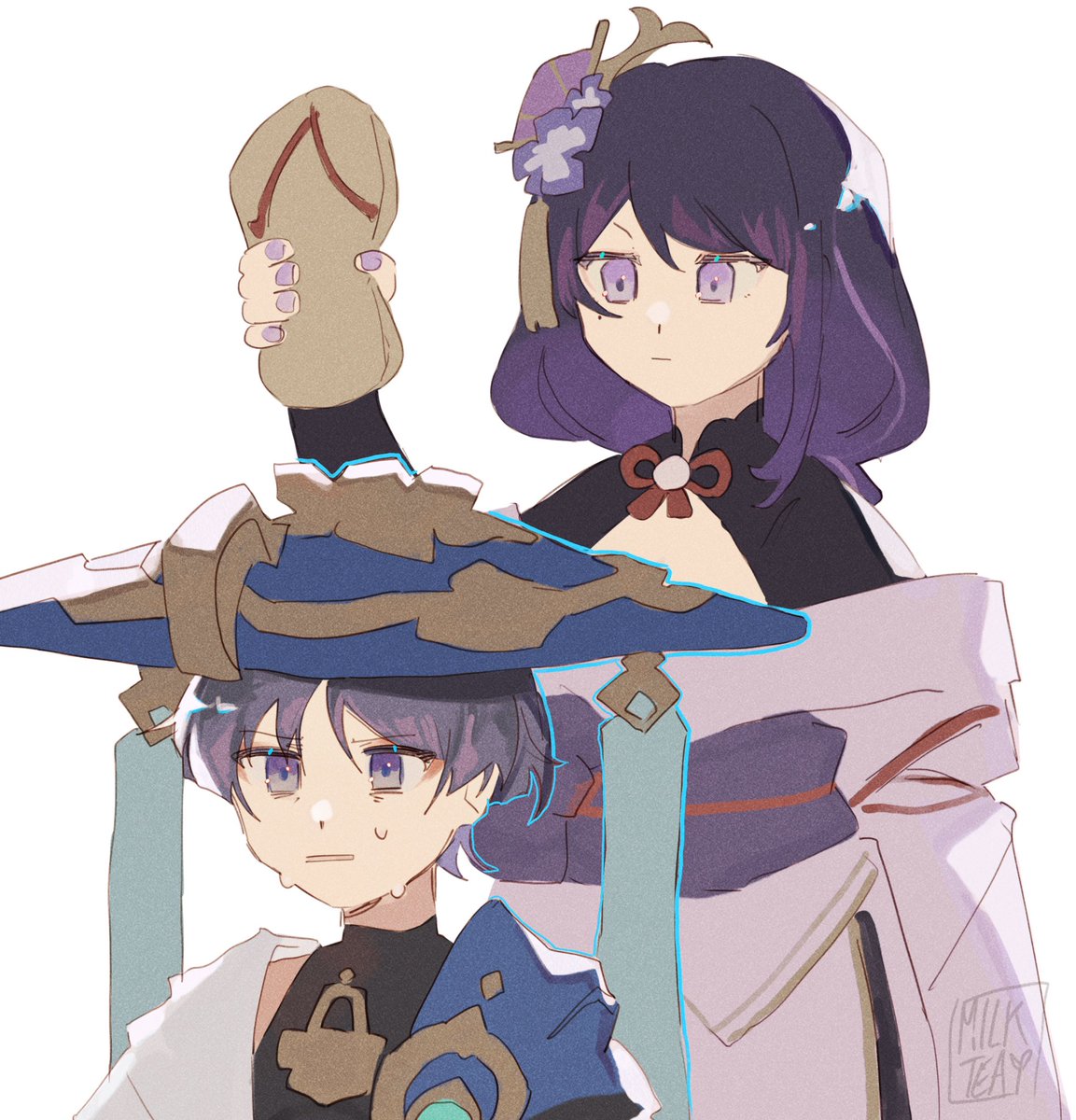 raiden shogun ,scaramouche (genshin impact) purple hair 1girl 1boy ...