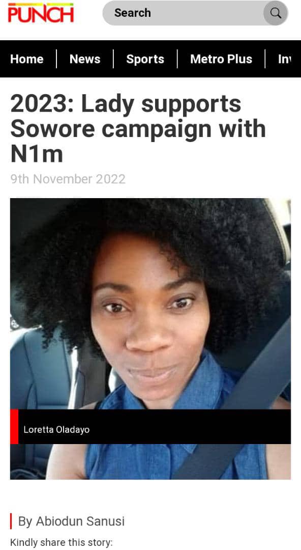 Omoyele Sowore on Twitter: "2023: Lady supports Sowore campaign with N1m https://punchng.com ...