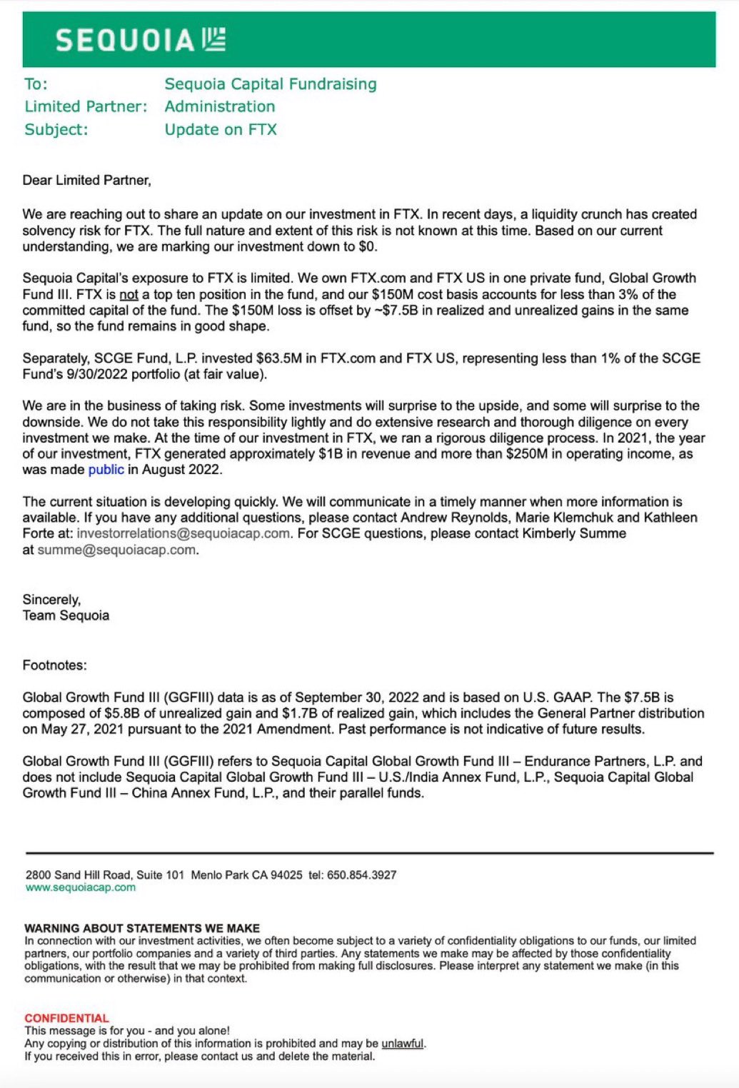 Kate Clark on Twitter: "Sequoia’s letter to limited partners concerning its investment in FTX ...