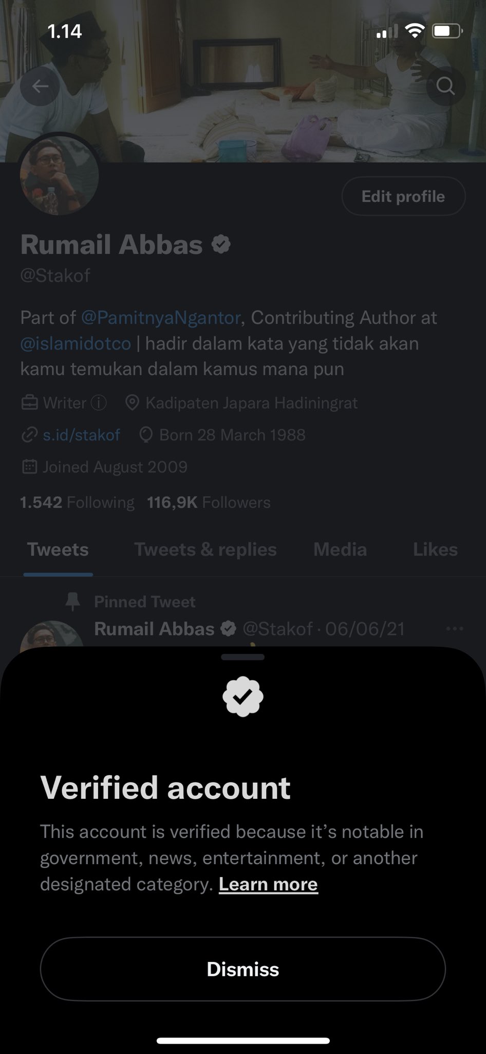 Rumail Abbas on Twitter: "Centang biru yang gak bayar itu yang ketika diklik logo verified di ...