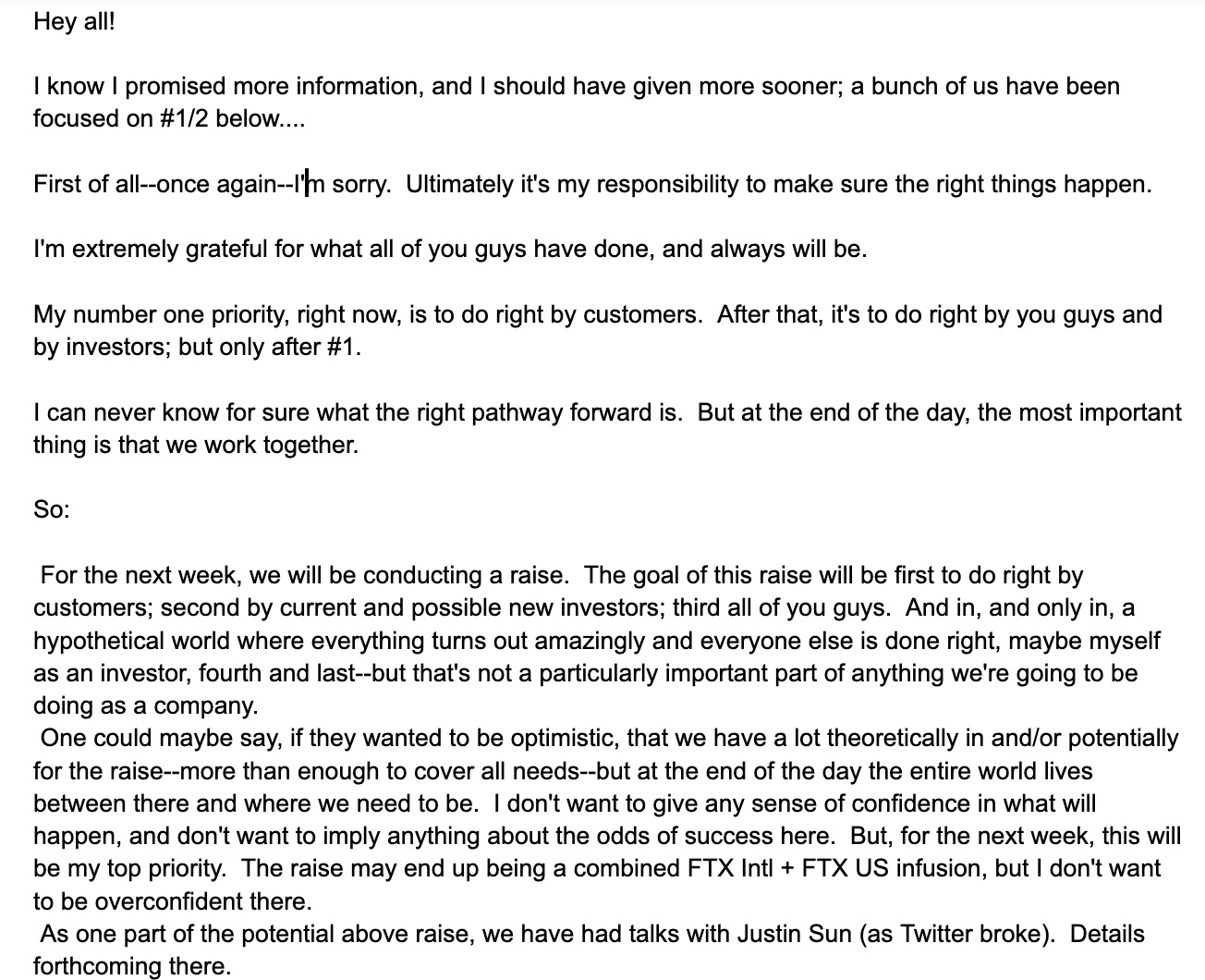 深潮TechFlow（420,69） on Twitter: "SBF发布了内部信，强调会再进行一次融资，优先保障客户的利益，其次是投资人和员工，目前正在与孙宇晨进行沟通。 关于Binance ...