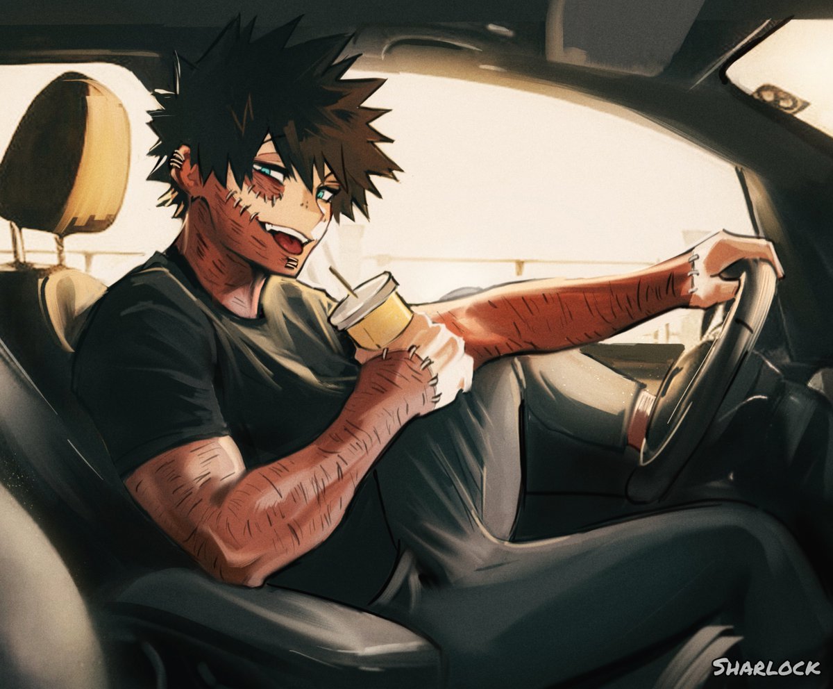 1boy scar male focus black hair burn scar car interior shirt ...