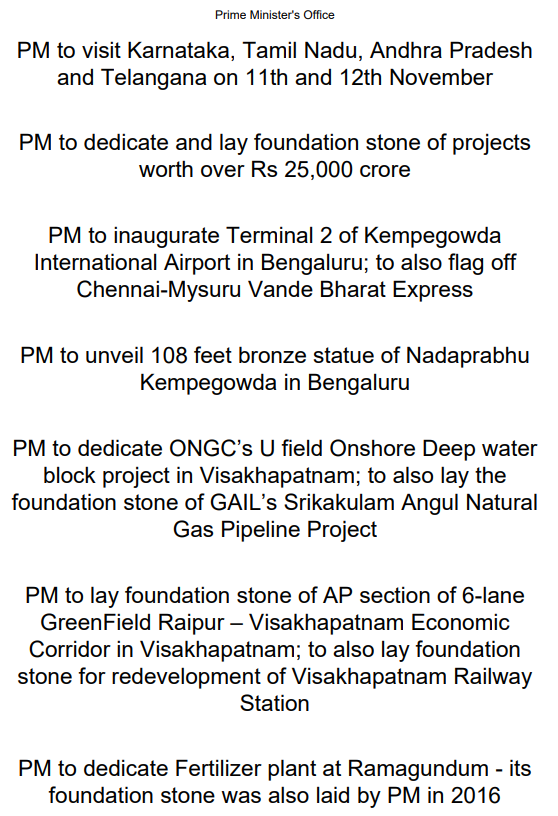 ANI on Twitter: "PM Modi to visit Karnataka, Tamil Nadu, Andhra Pradesh & Telangana on 11-12 Nov ...