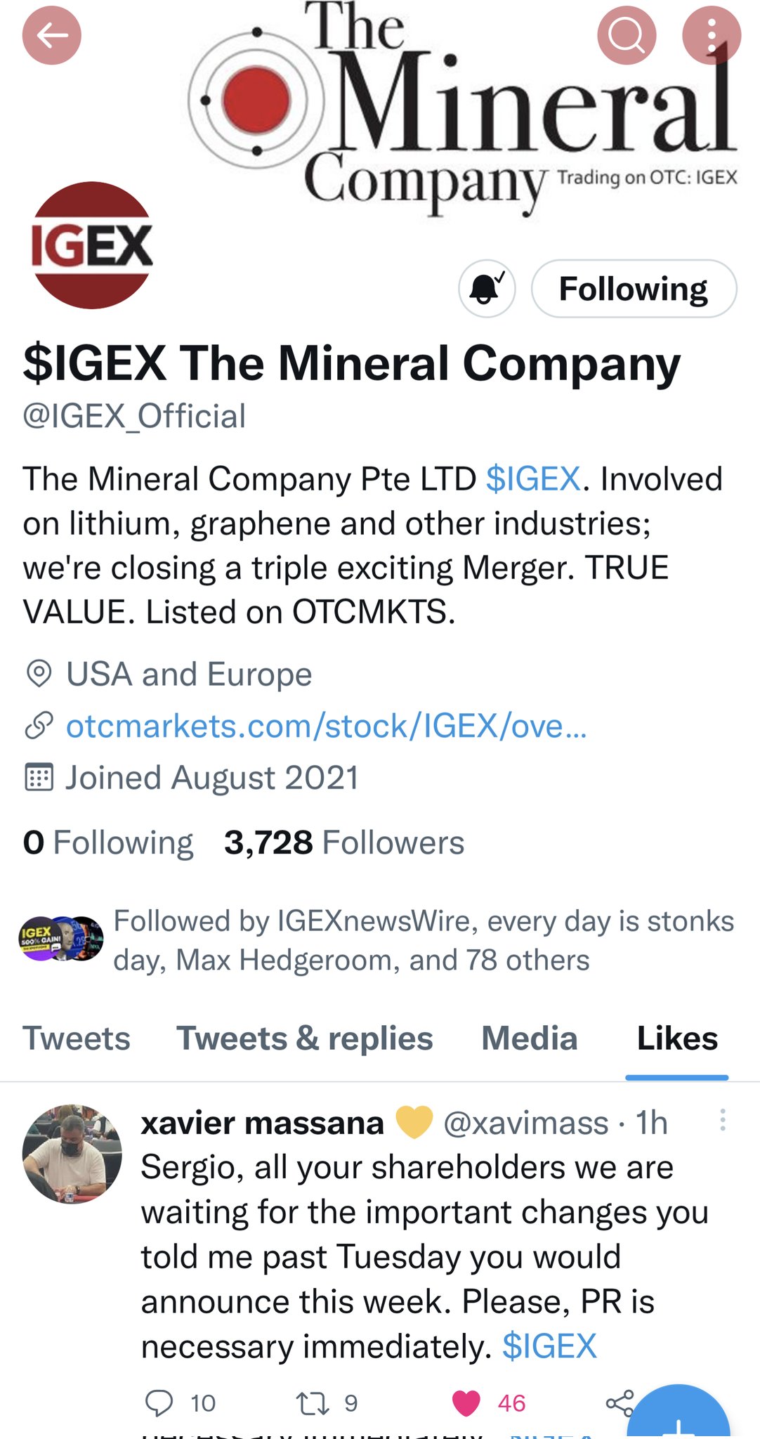 Tom Hempel on Twitter: "$IGEX Shareholders, looks like IGEX may be coming back to life very soon ...