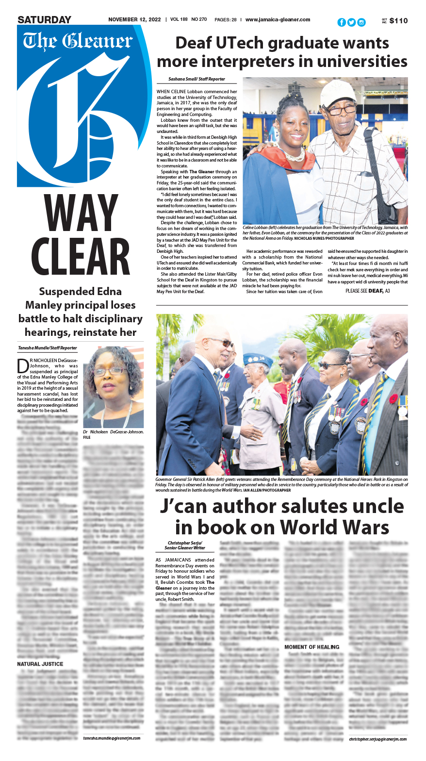 Jamaica Gleaner on Twitter: "Saturday's front page of The Gleaner. Pick up a copy or read online ...