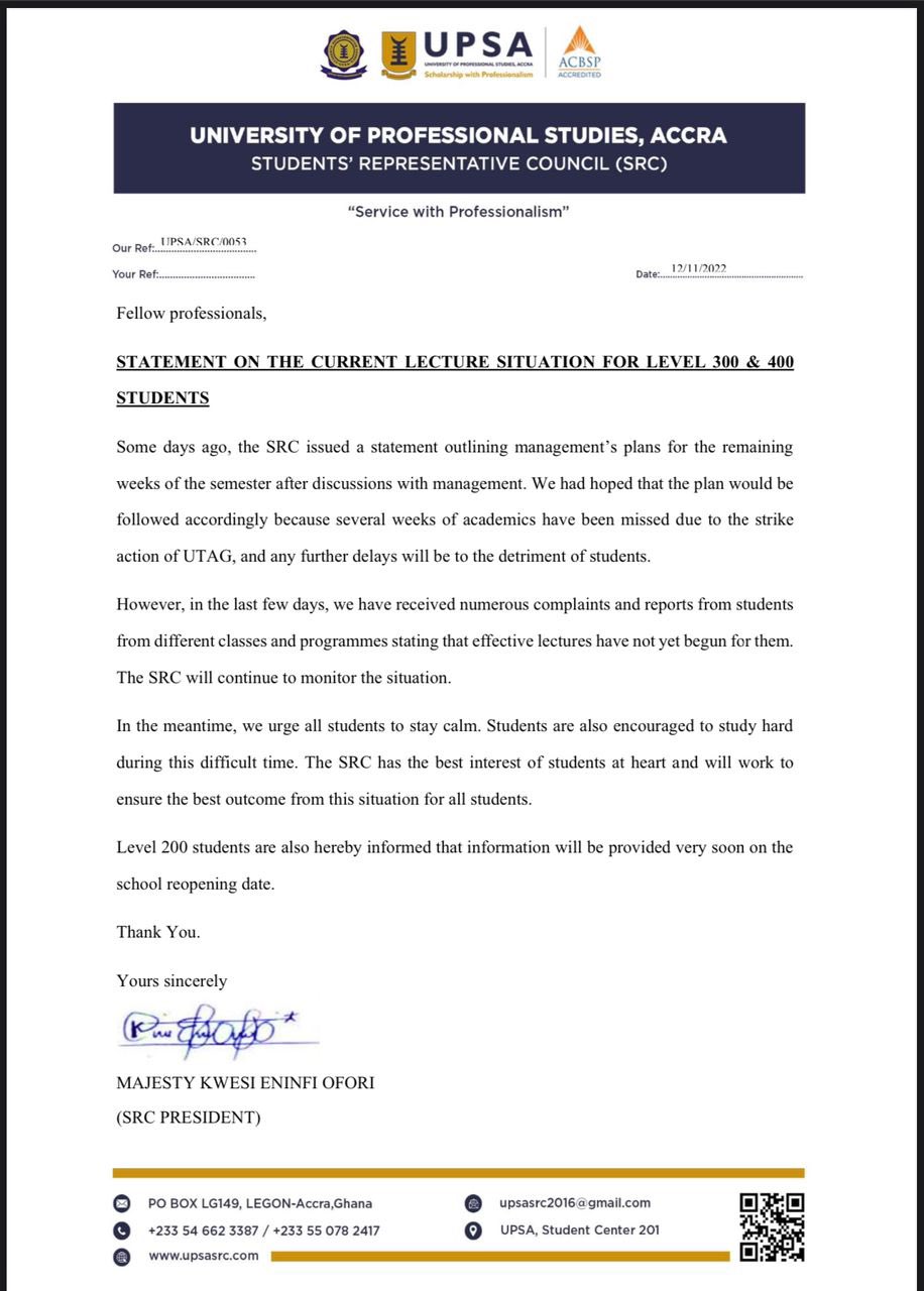 VOICE_of_UPSA on Twitter: "📍📍📍STATEMENT ON THE CURRENT LECTURE SITUATION FOR LEVEL 300 & 400 ...