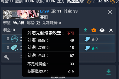 のろ on Twitter: "・先制対潜ツールチップ改修 新しく、対潜値が原因で先制対潜不可である場合、あと何Lv上げれば先制対潜可能になるかが表示されるようになりました。 先制対潜: × ...