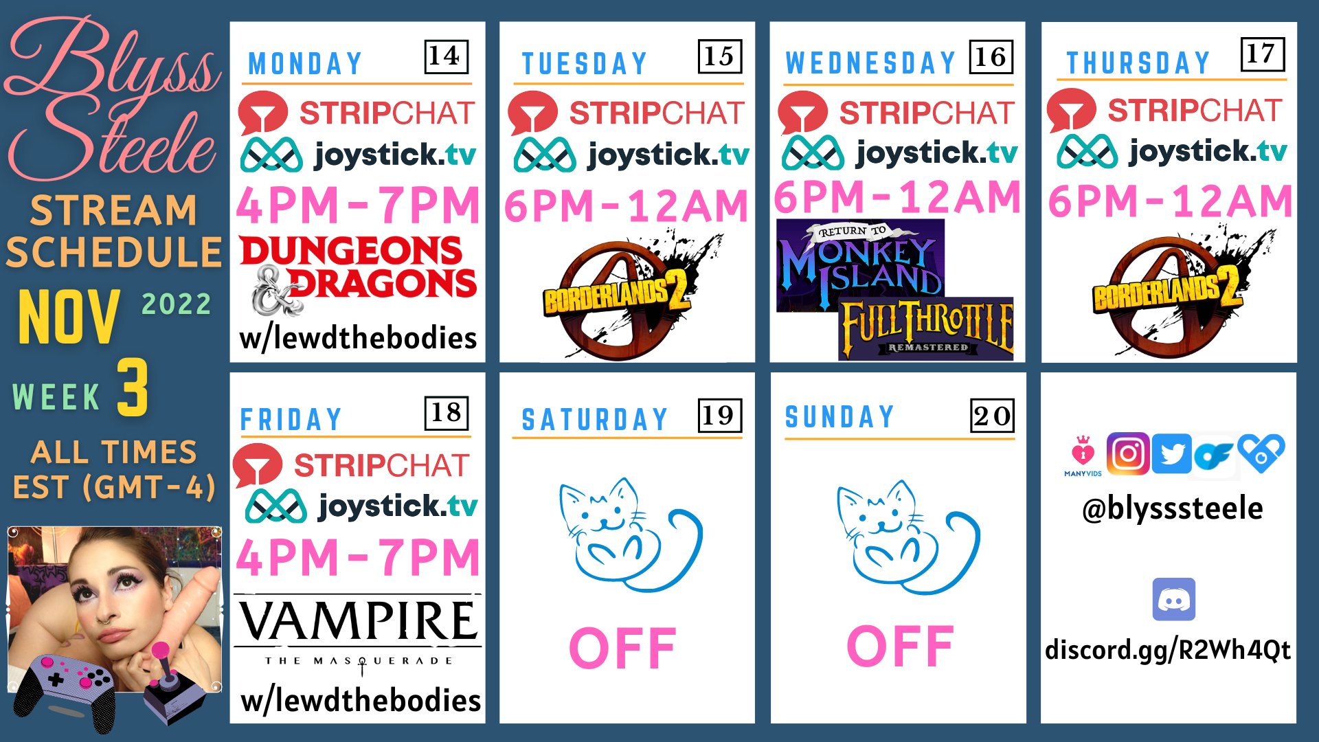 TW Pornstars - Blyss Steele🍑. Twitter. Le schedule for this week! 💕. 10:31 PM - 13 Nov 2022