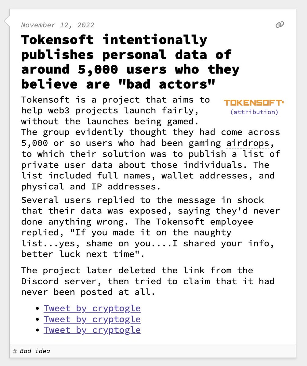 web3 is going just great on Twitter: "Tokensoft intentionally publishes personal data of around ...