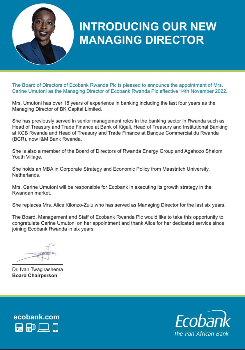 IGIHE on Twitter: "The Board of Directors of @EcobankRW is pleased to announce the appointment ...