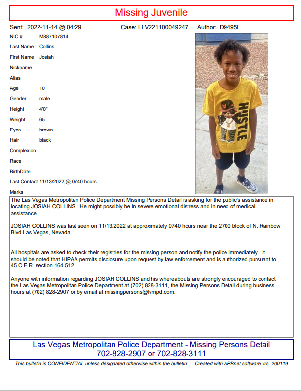 Josh Mankiewicz on Twitter: "RT @LVMPD: Please help find missing 10-year-old Josiah Collins. He ...