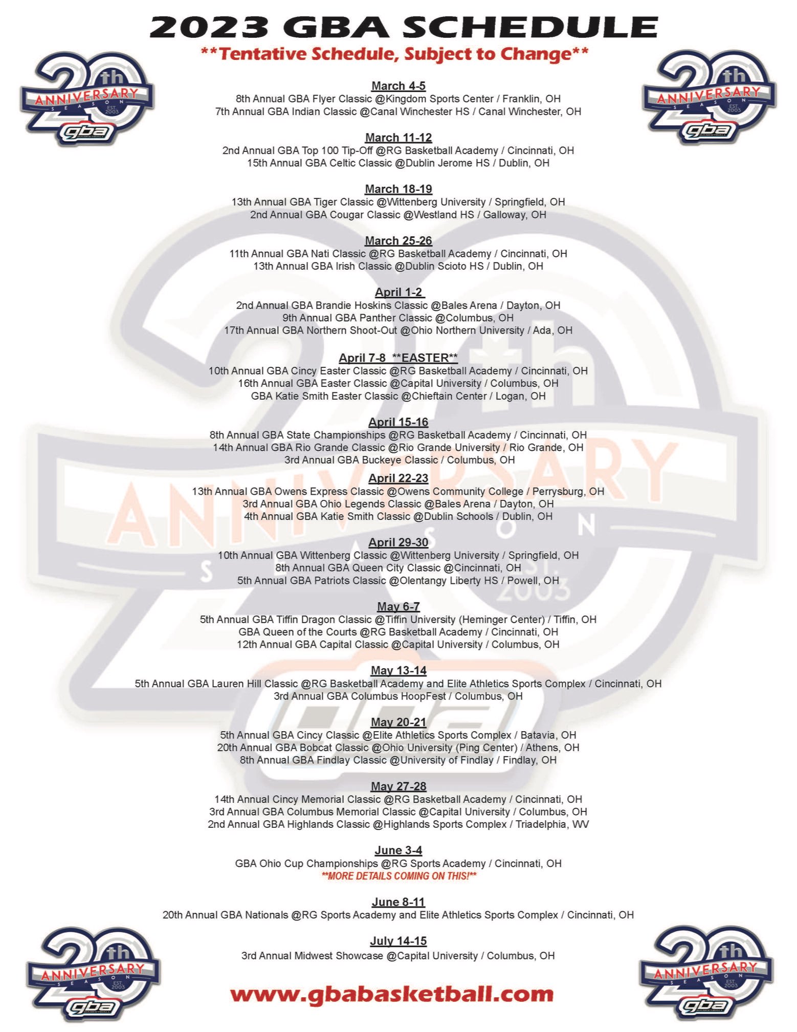 Girls Basketball Association / GBA on Twitter: "🔴TENTATIVE 2023 SCHEDULE🔴 🔷GBA 20th Anniversary ...